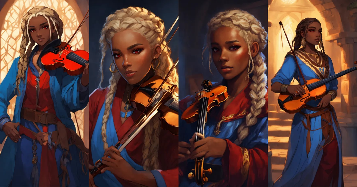 Lexica - Androgynous dwarf bard with a violin, dark skin, many braids ...