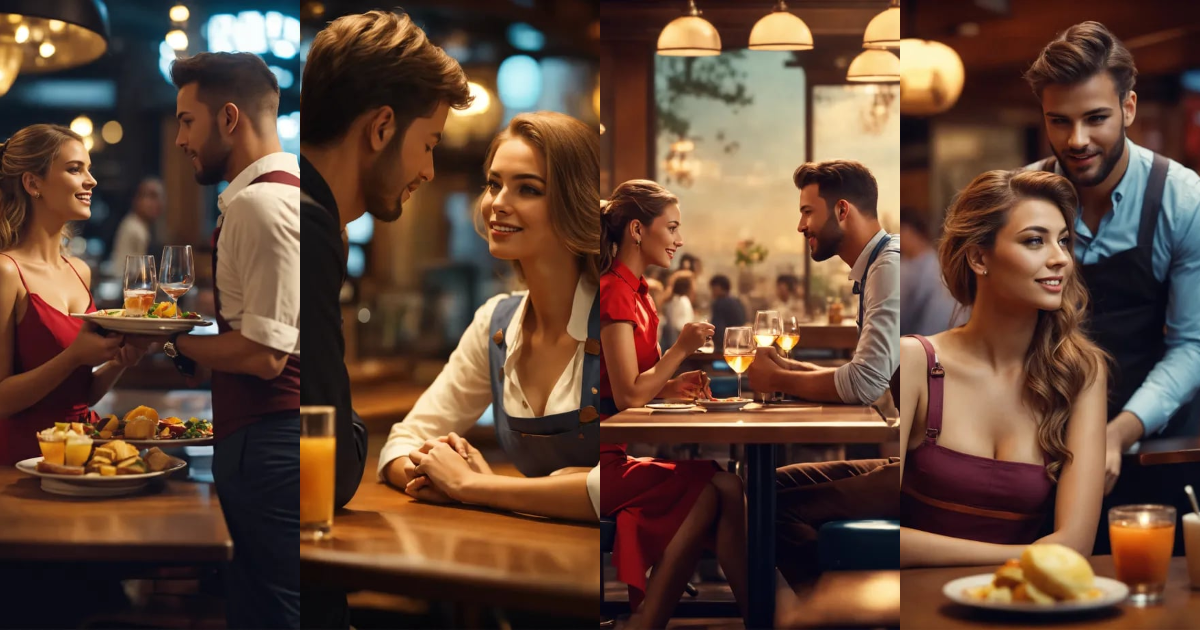 Lexica - Cinematic photo man flirting with waitress, high definition ...