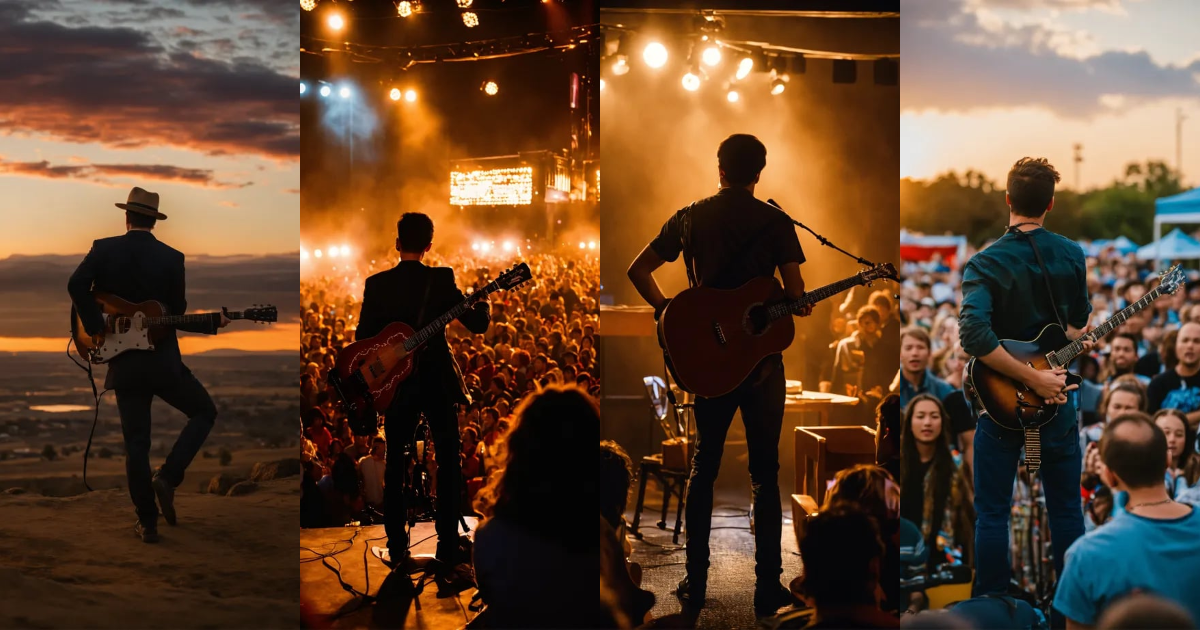 Lexica - The back of a man playing guitar in front of a crowd