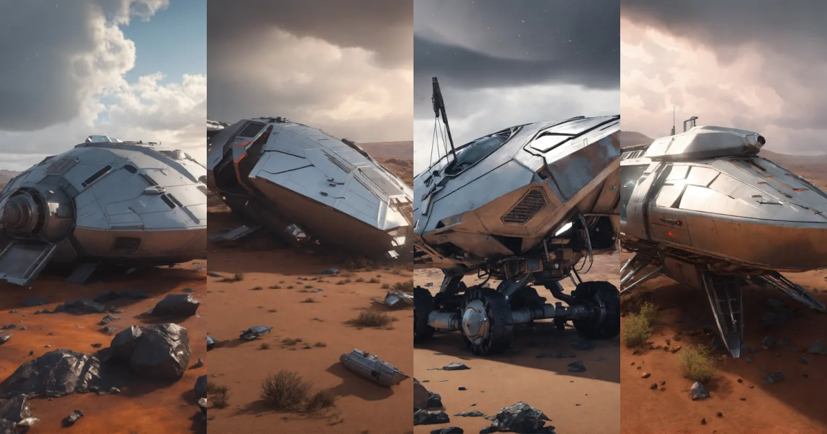 Lexica - Zoom out on a small silver futuristic evacuation craft crashed ...