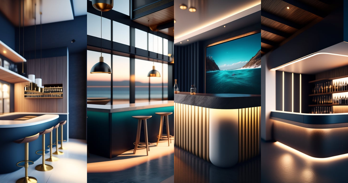 Lexica - C4d render, bar, sea themed, high end, design, modern,warehouse