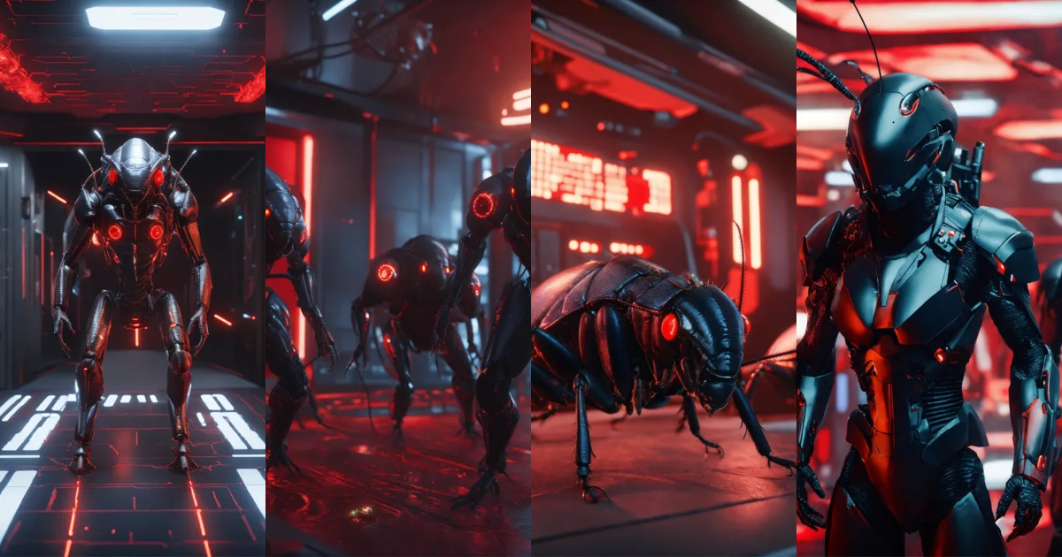 Lexica - 3 black cockroach faced humanoids with red eyes and detailed ...