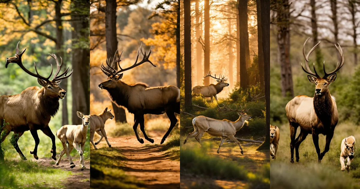 Lexica - A tall elk running from a white lioness pouncing onto the elk ...