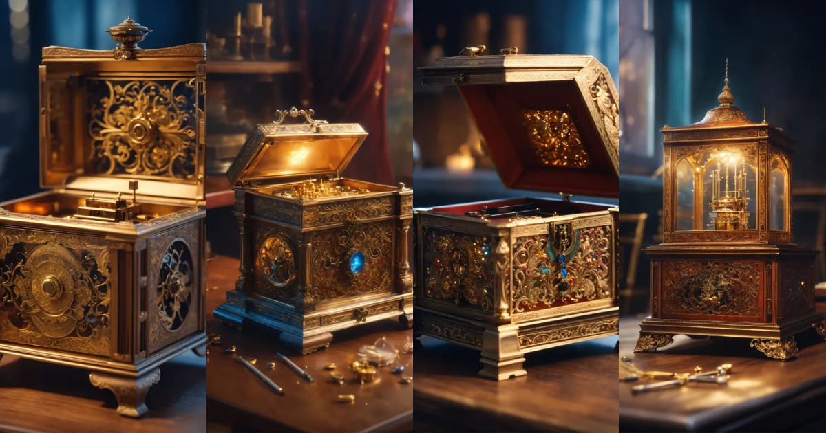 Lexica - Ominous music box on table, mystical, realistic photo, high ...