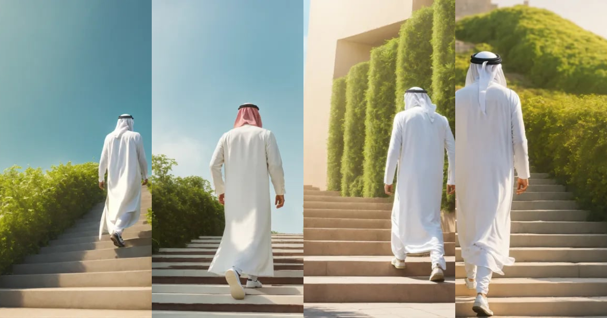 Lexica - Saudi man climbing up six steps only, white costume, photo ...