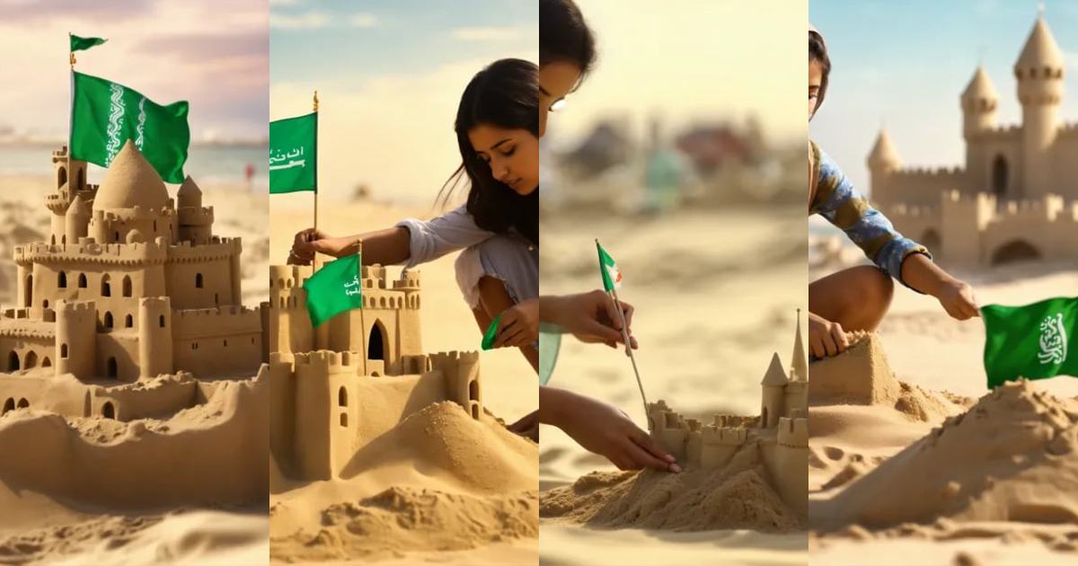 Lexica - Saudi girl sculpting sand castle, one Saudi small flag on top ...