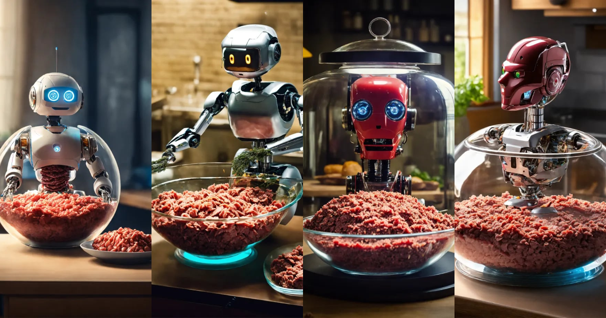 Lexica - Humanoid robot with ground beef in glass bowl for a brain