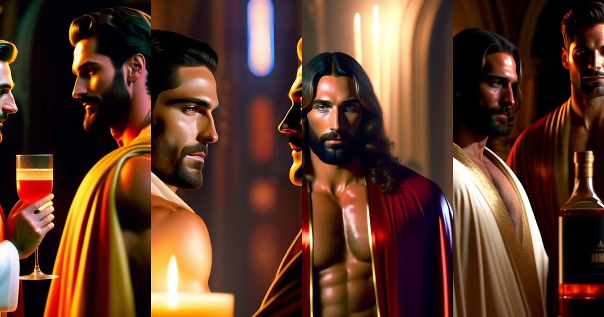Lexica - Jesus wearing a robe and enjoying vodka with Lucifer Morningstar