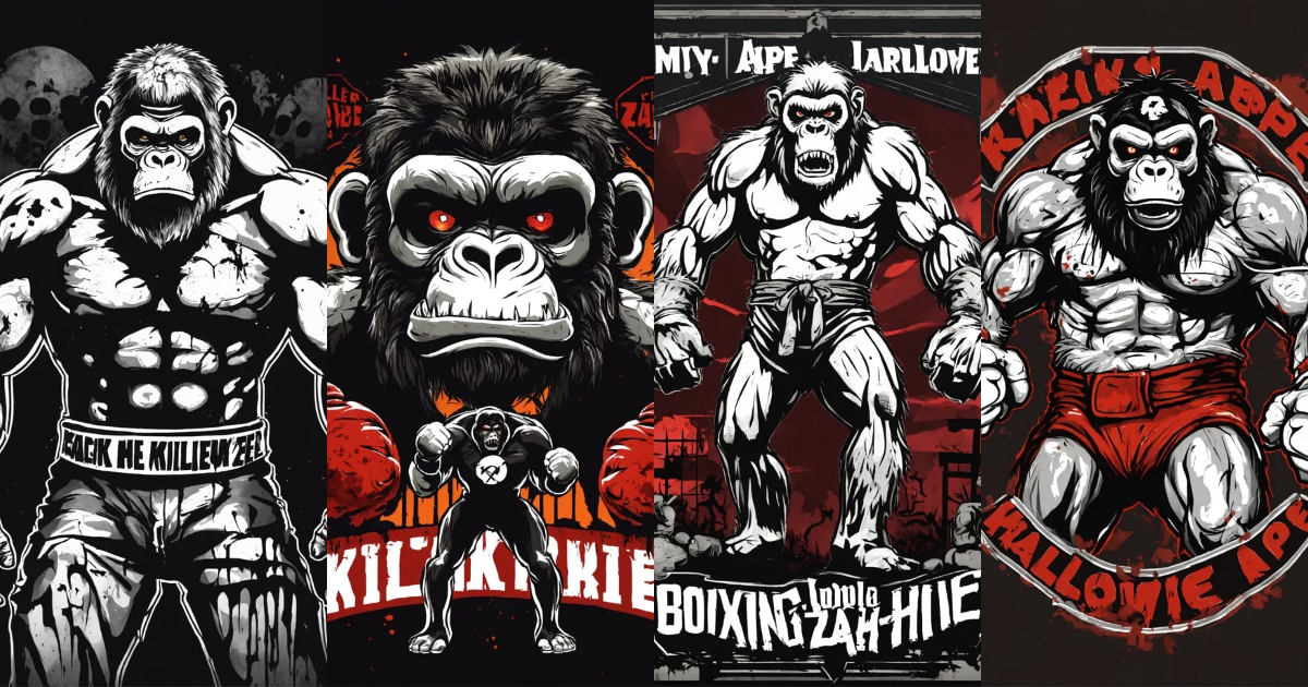 Lexica - Black and white killer ape zombie Halloween boxing logo full body