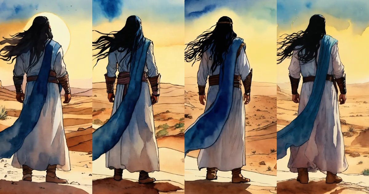 Lexica - A savior is pictured from behind. Long hair, Arabic, chosen ...