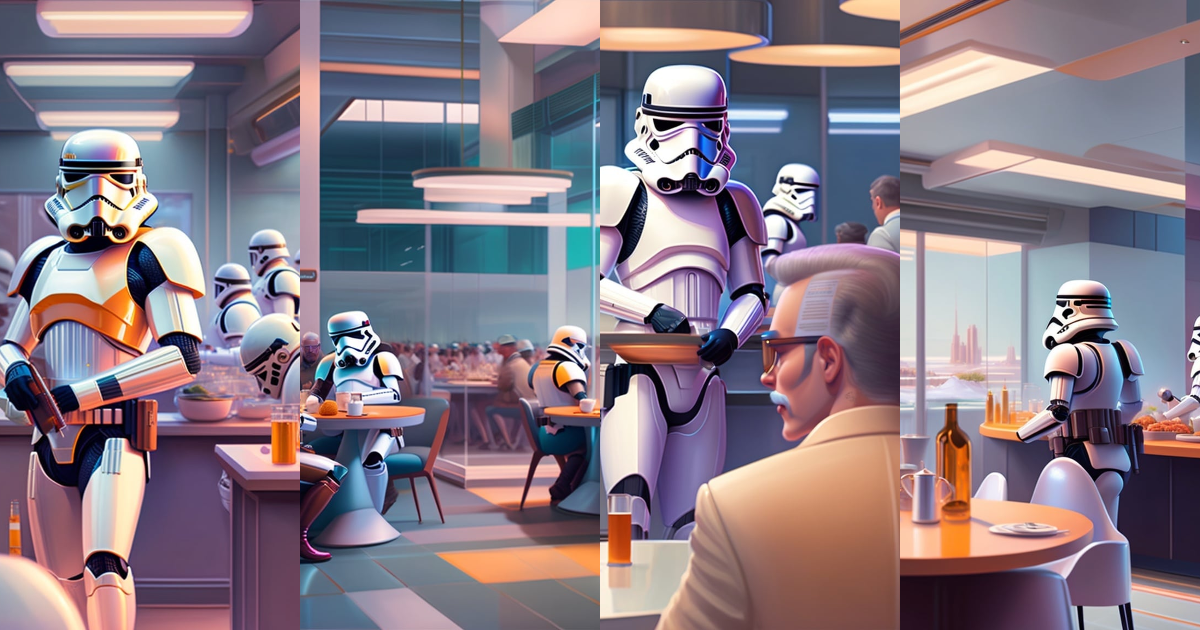 Lexica - "crowded stormtrooper break room" by syd mead, cold color palette, muted colors ...