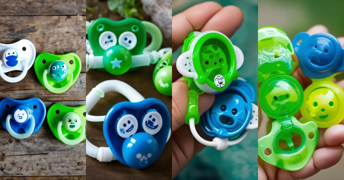 Lexica - A green pacifier, a blue pacifier and a white pacifier with ...