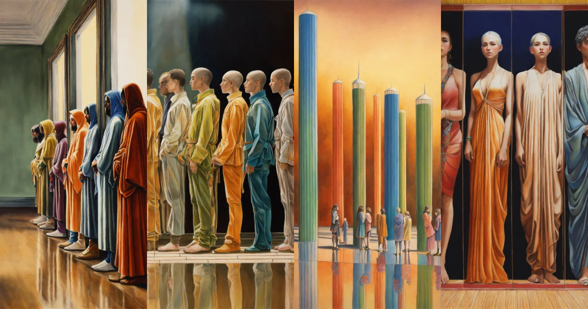 Lexica - Realistic colored pencil drawing of 5 souls lined up in a row ...