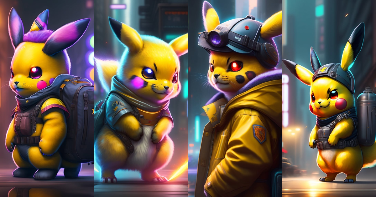 Lexica - Pikachu,hard lighting, cyberpunk background