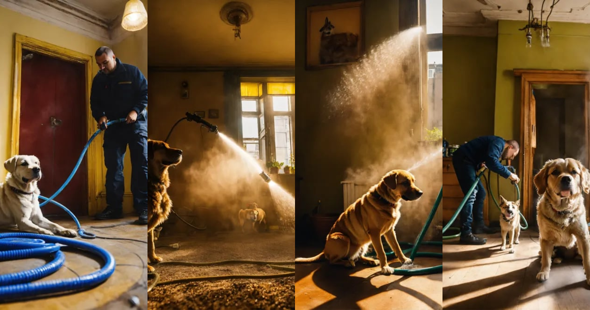 Lexica - Low angle shot, worms eye view, man spraying dog with hose ...