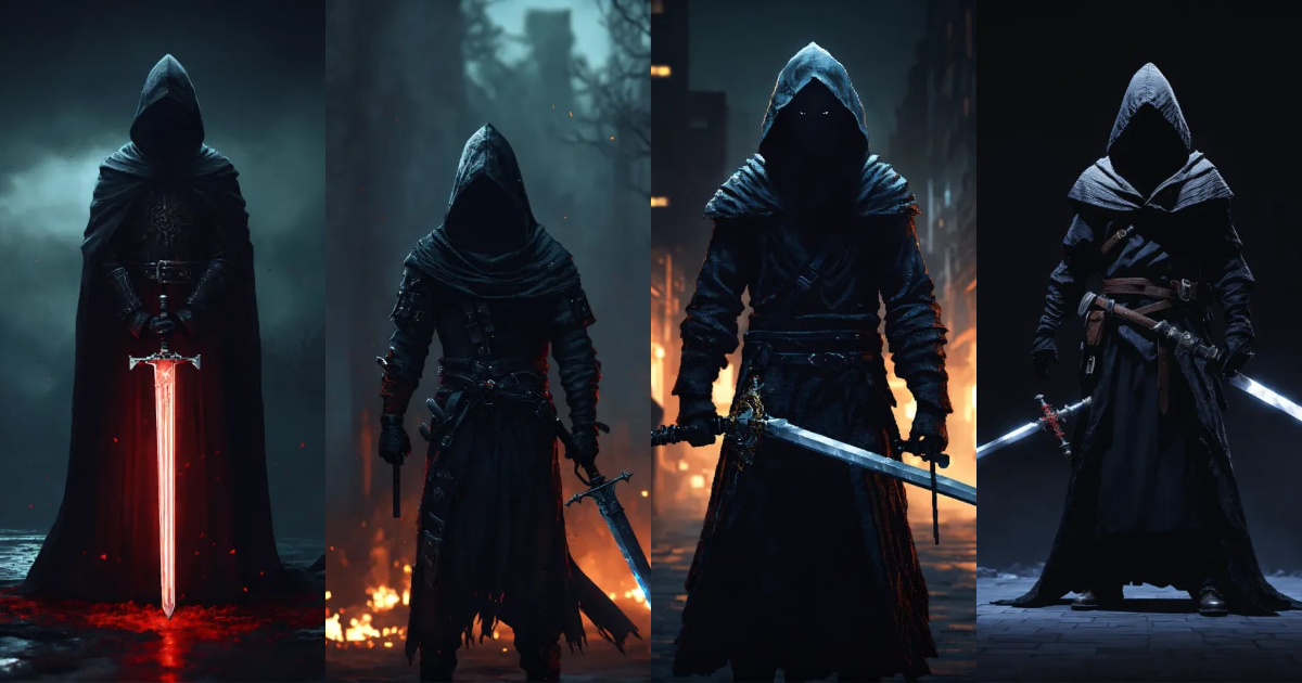 Lexica - Pixel art, hooded figure with a sword, dark, creepy, ominous ...