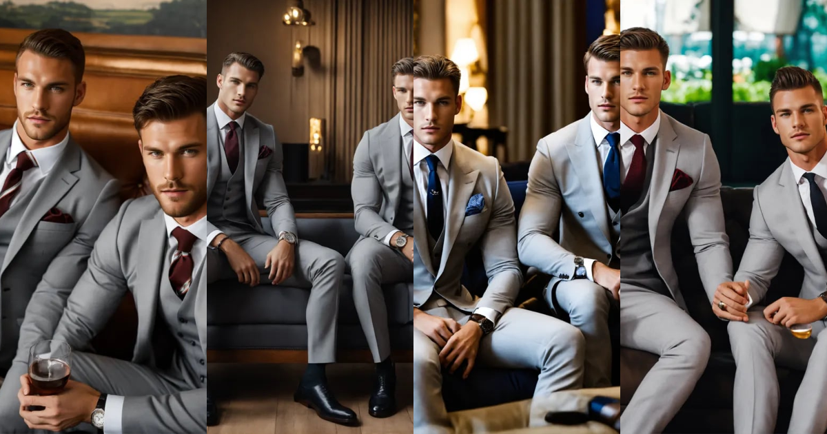 Lexica - Two muscled German male models in light grey vested suit and ...