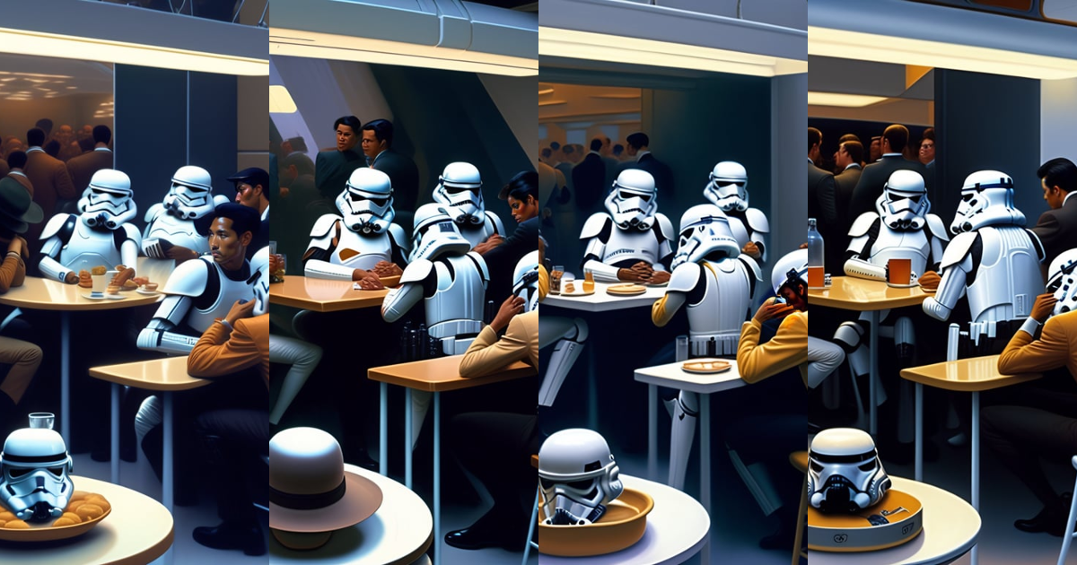 Lexica - "crowded stormtrooper break room" by syd mead, cold color ...
