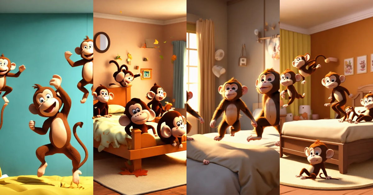 Lexica - Three little monkeys jumping on the bed, and one monkey is ...
