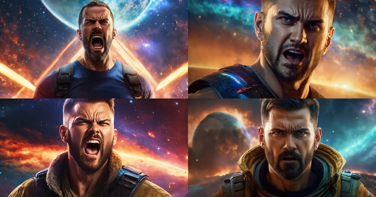 Lexica - Very angry yelling man, crew cut, no beard, universe in ...