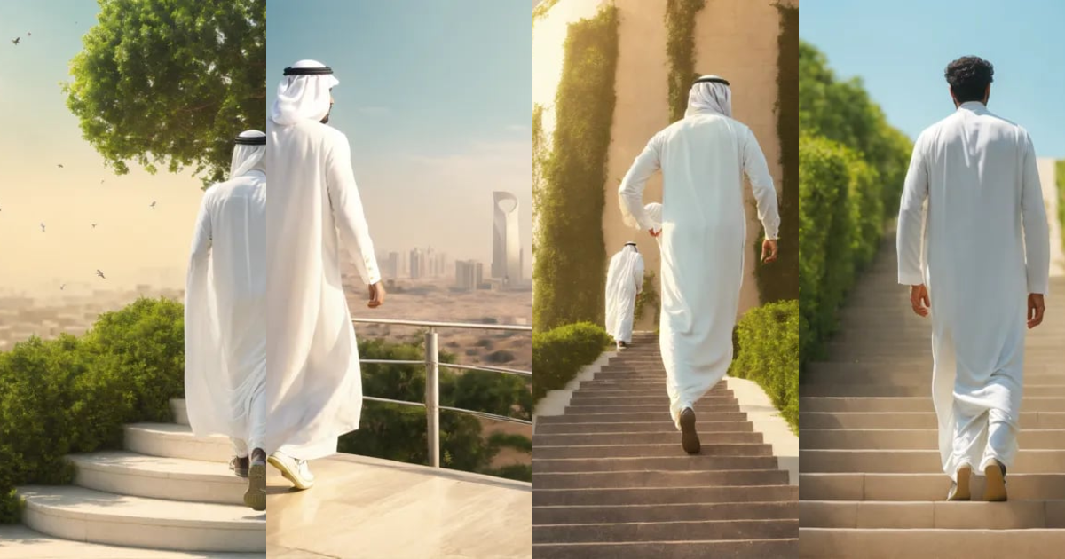 Lexica - Saudi man climbing up six steps only, white costume, photo ...