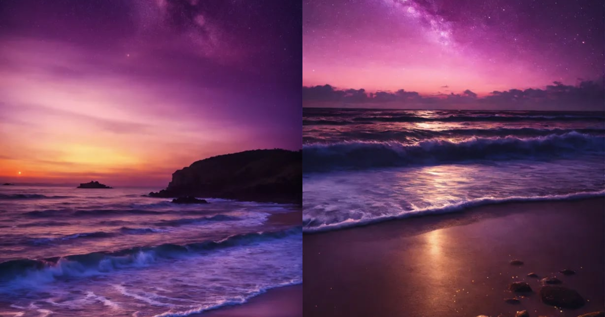 Lexica - Beach, dark purple sunset, with stars in the sky