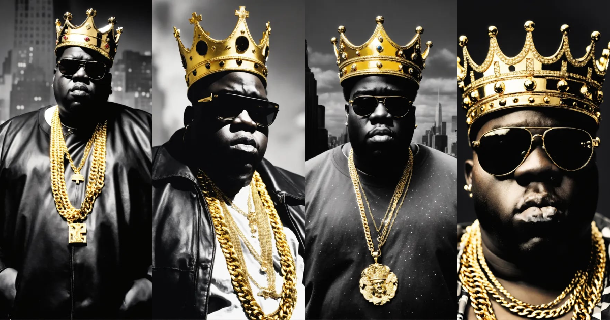 Lexica - Notorious BIG, wearing small golden crown, black and white ...