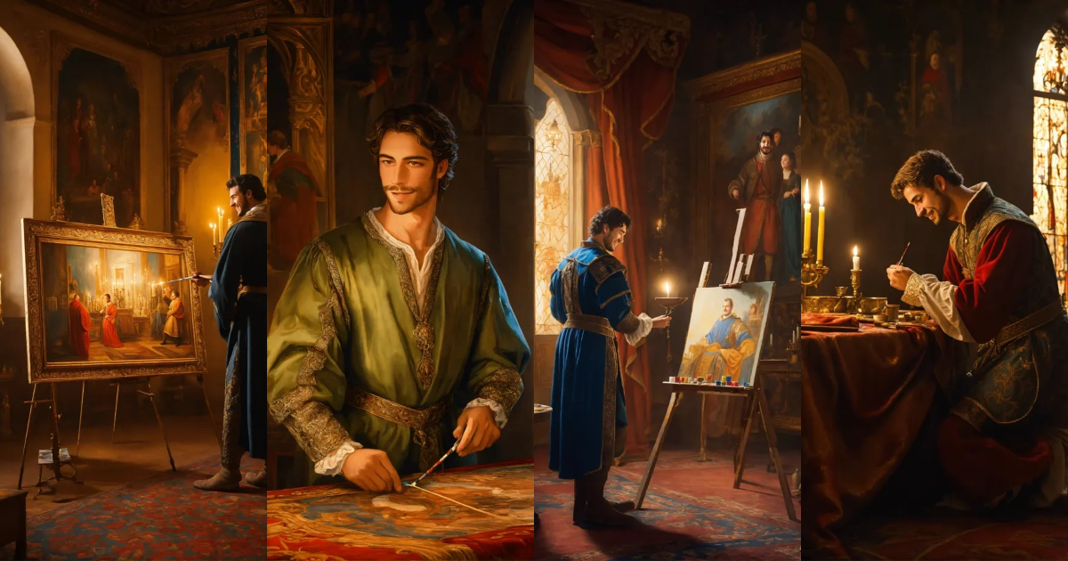 Lexica - A handsome prince is painting a large canvas, the canvas has ...