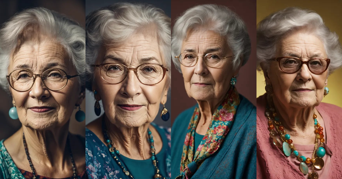 Lexica - Close up studio photo of an old yet stylish grandma, detailed ...