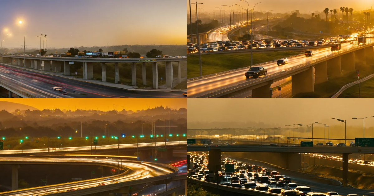 Lexica - A hazy freeway with cars gridlocked