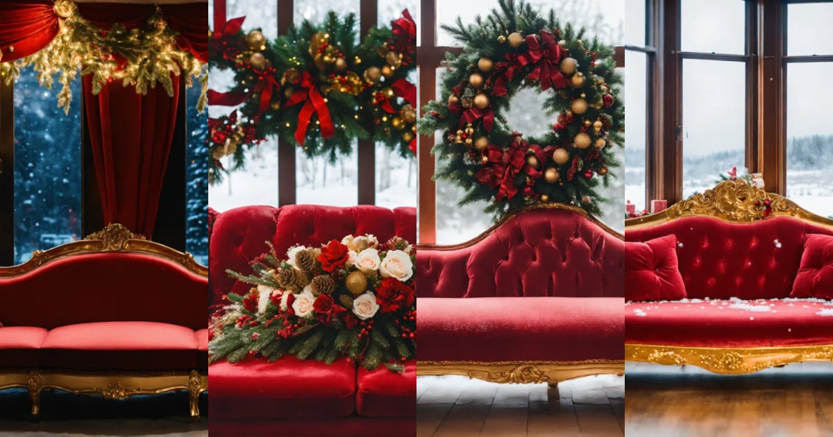 Lexica - I’m Beautiful Christmas red and gold wedding sofa facing ...