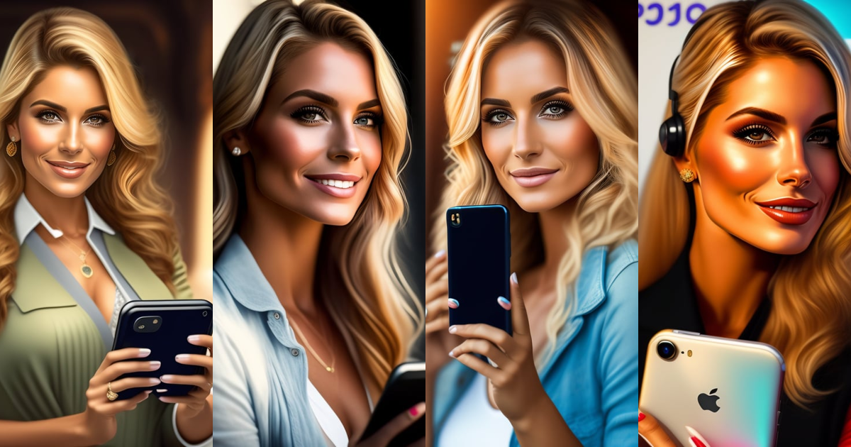 Lexica - Mujer rubia con el celular en la mano