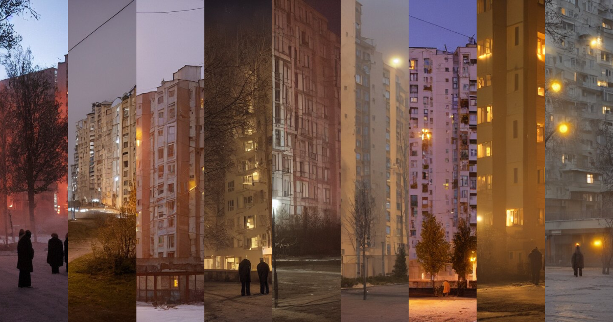 Lexica - Film still of low russian residential building in suburbs, lights are on in the windows ...