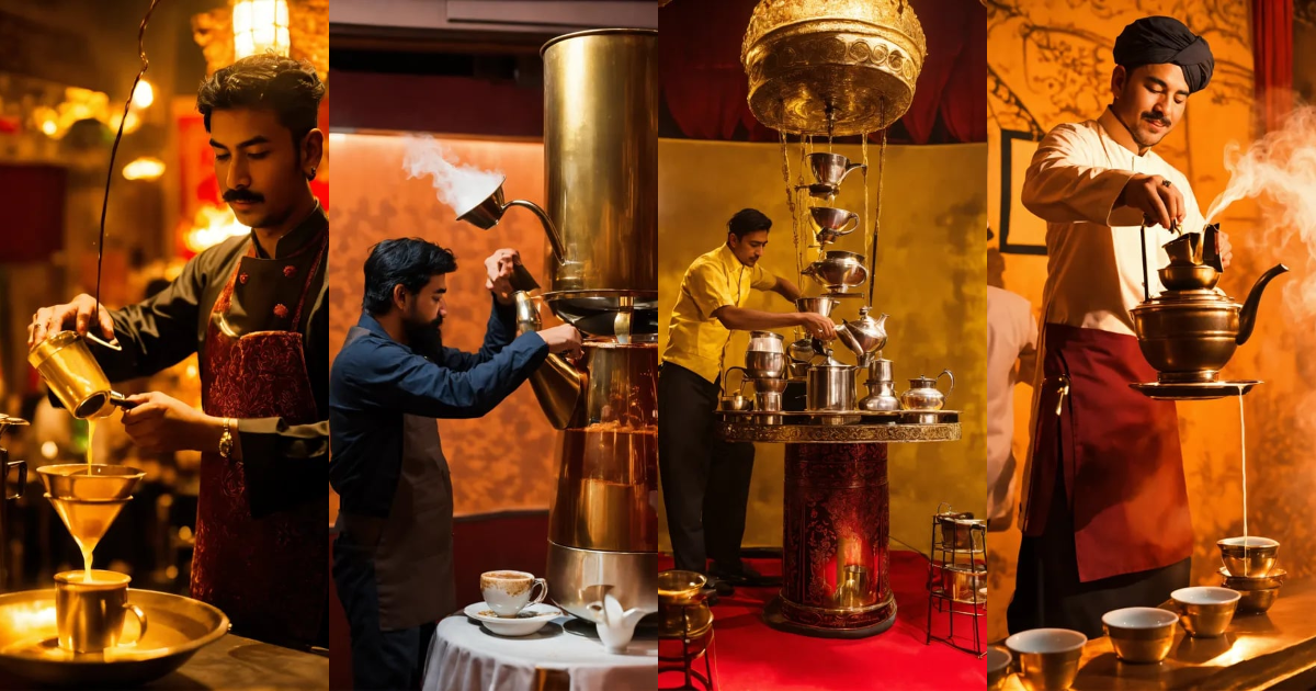 Lexica - Chai master pouring Chai tea from one cup to another cup that ...