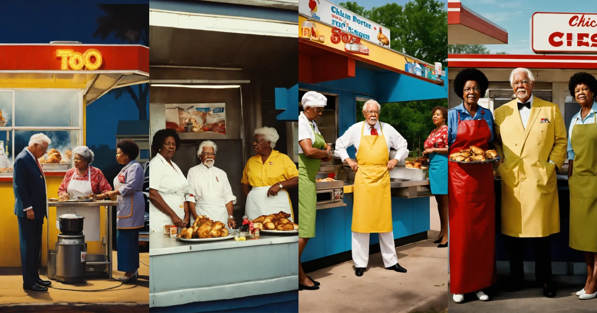 Lexica - Colonel Harlan Sanders (a white man) standing beside two old ...