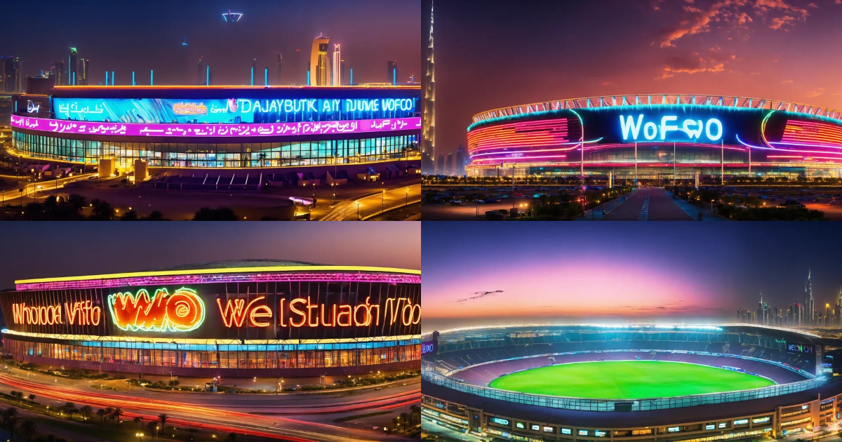 Lexica - Stadium name WOFO neon lights dubai city stadium name WOFO ...