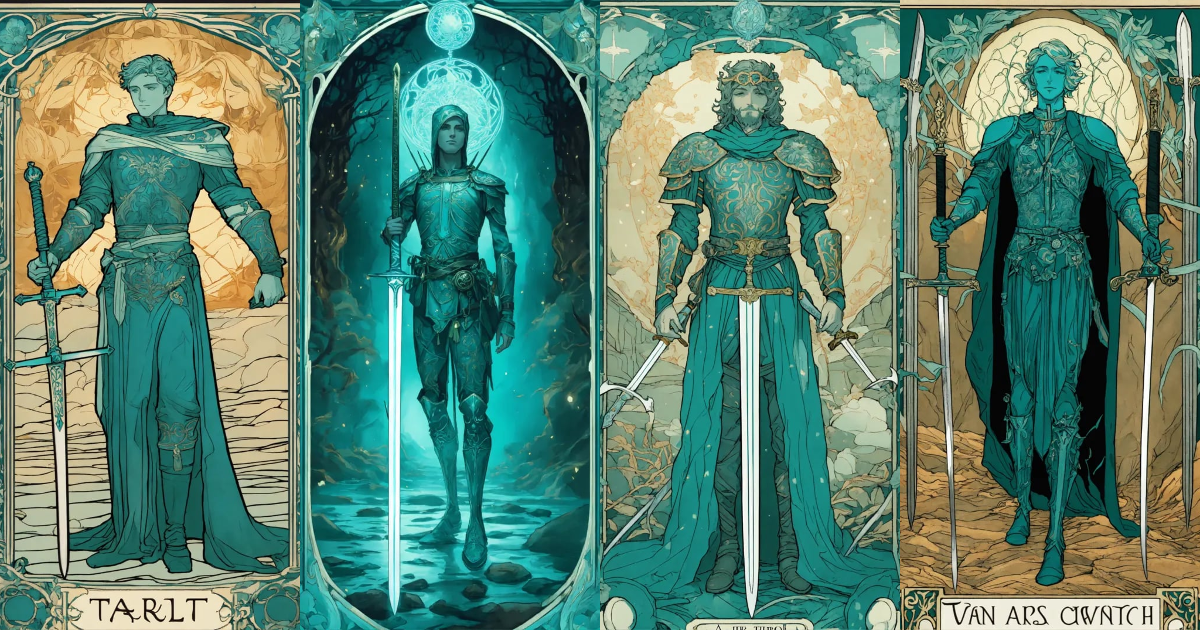 Lexica - Art Nouveau tarot card teal and white glowing killed man on ...
