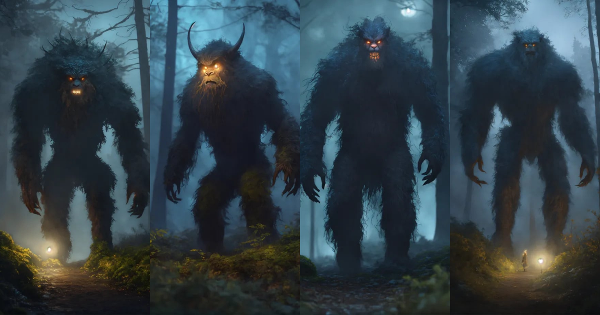 Lexica - Scary hairy humanoid monster , forest, foggy weather, night ...