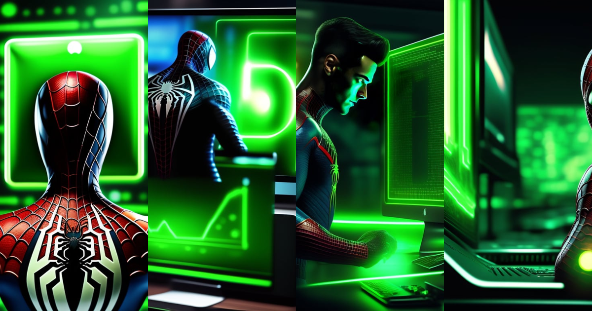 Lexica - Digital art of Spiderman’s back at a computer displaying green ...