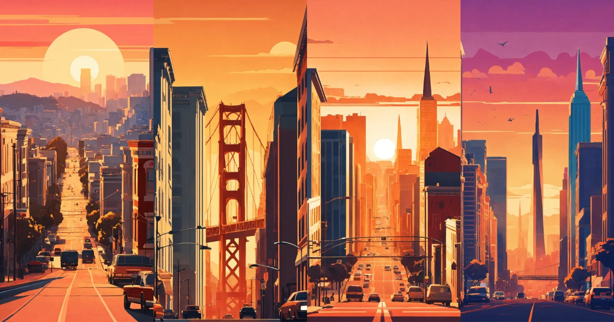 Lexica - San Francisco Downtown, sunset, flat design poster, minimalist ...