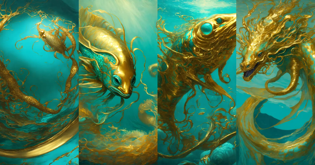 Lexica - Liquid, surreal, turquoise, metallic, gold, ocean, creature