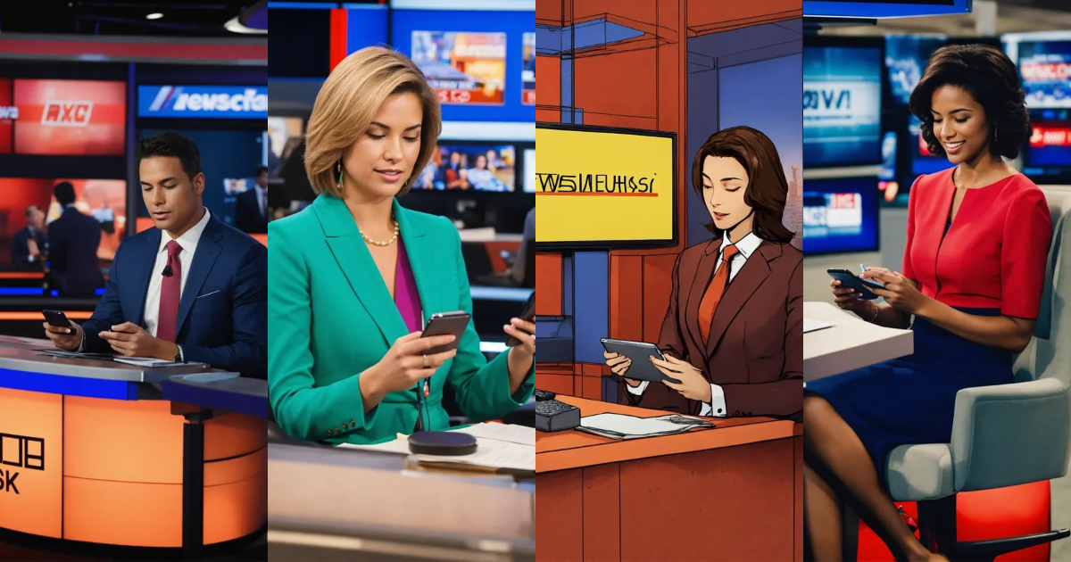 Lexica - A news anchor texting while sitting at a news desk
