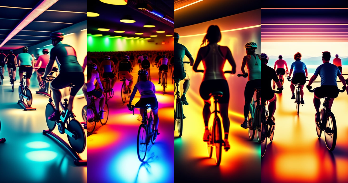 Lexica - Indoor cycling disco full of people on indoor cycling bikes