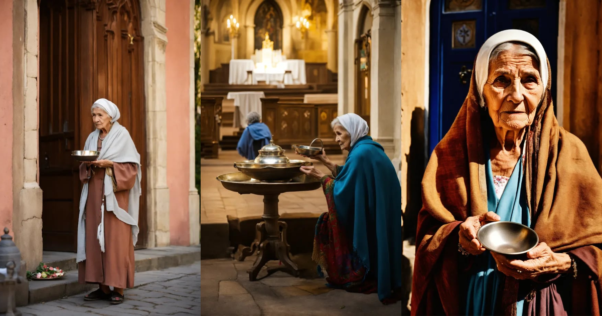 Lexica - In front of the church, an elderly, poor woman, dressed in ...