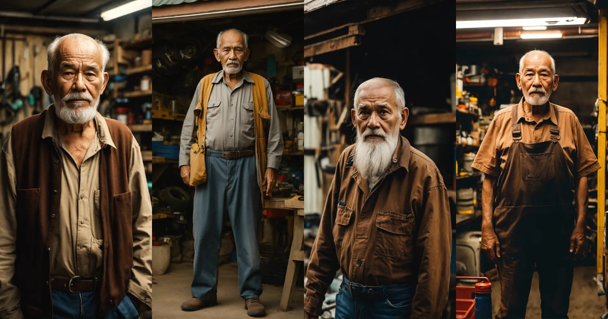 Lexica - Old man front face tha man standing in garage shop