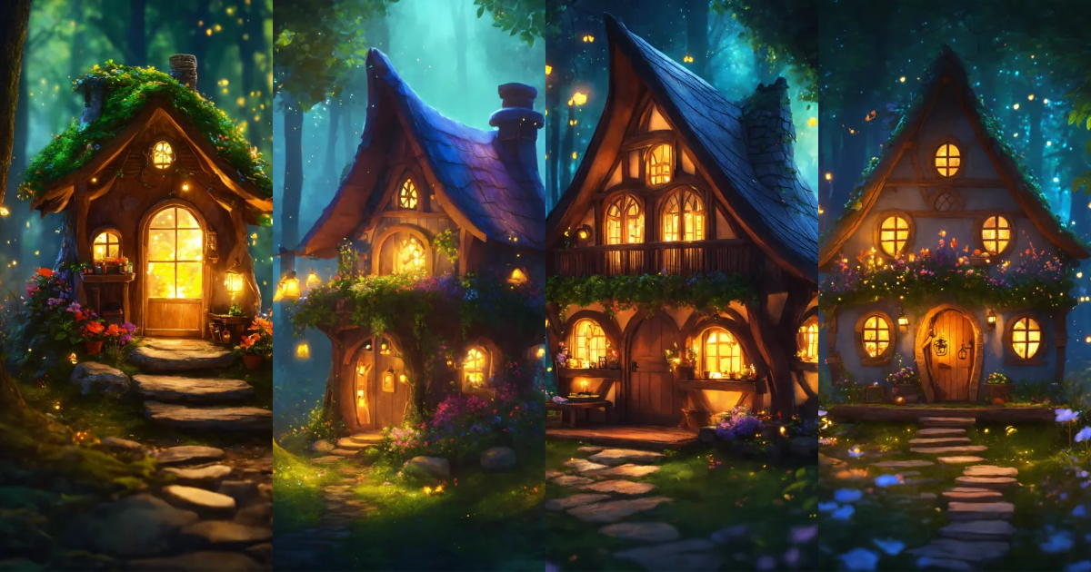 Lexica - A magical elf house in the forest, beautiful view, glowing ...
