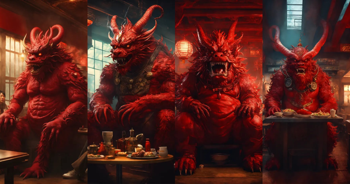 Lexica - A huge red chinese monster is sitting in front of a kitchen ...