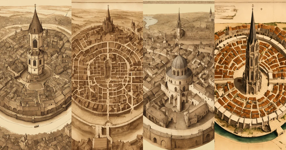 Lexica - Map of a medieval massive city, in the middle is a big round ...