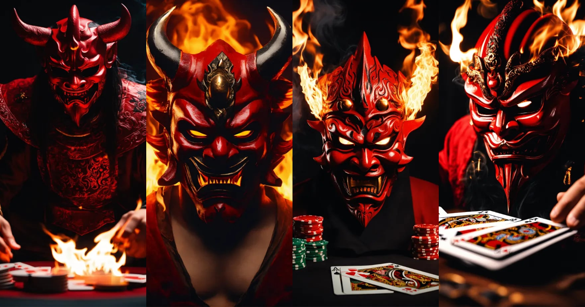Lexica - Red oni mask, black background followed by realistic flames ...