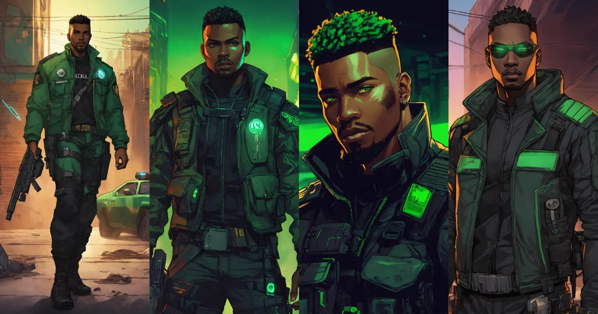 Lexica - Cyberpunk male African American cyberpunk cop in a black ...